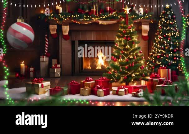 Merry Christmas cozy fireplace background loop 4K resolution Stock ...