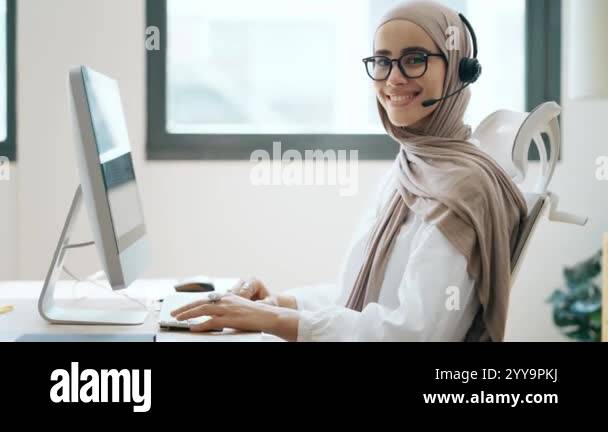 Video of young business woman making video call with computer while ...