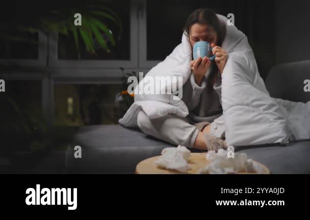 Sick girl got flu or caught cold, having allergy symptoms. Ill allergic ...
