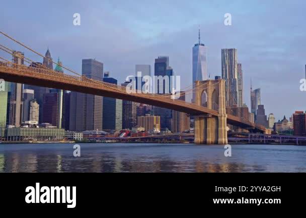 Brooklyn bridge in New York. Hyper lapse of Manhattan cityscape ...