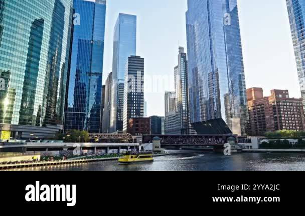 Chicago, USA - October 23, 2024: Cityscape view with water taxi. City ...