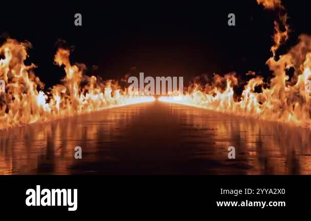 Vibrant flames along a dark pathway create a striking, dramatic visual ...