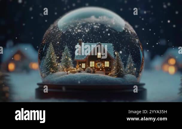 A beautifully magical snow globe depicting a charming and cozy cabin ...