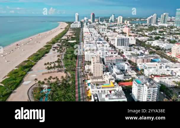 Aerial landscape view on city. Travel to Florida. Ocean drive historic ...