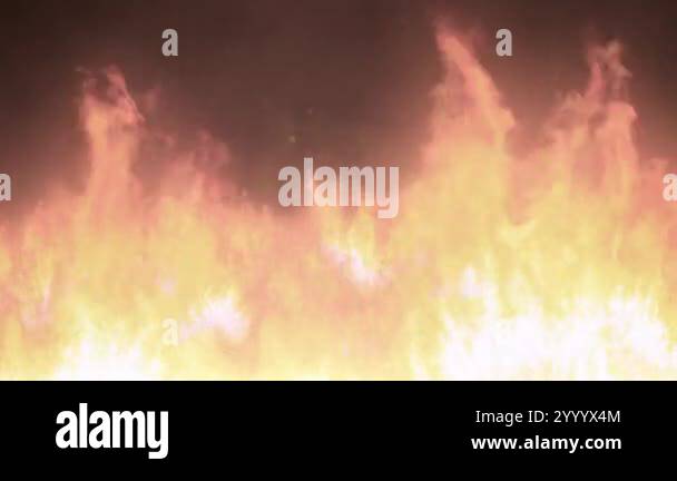 Close up view of a terrible dangerous wild fire at night with smoke and ...