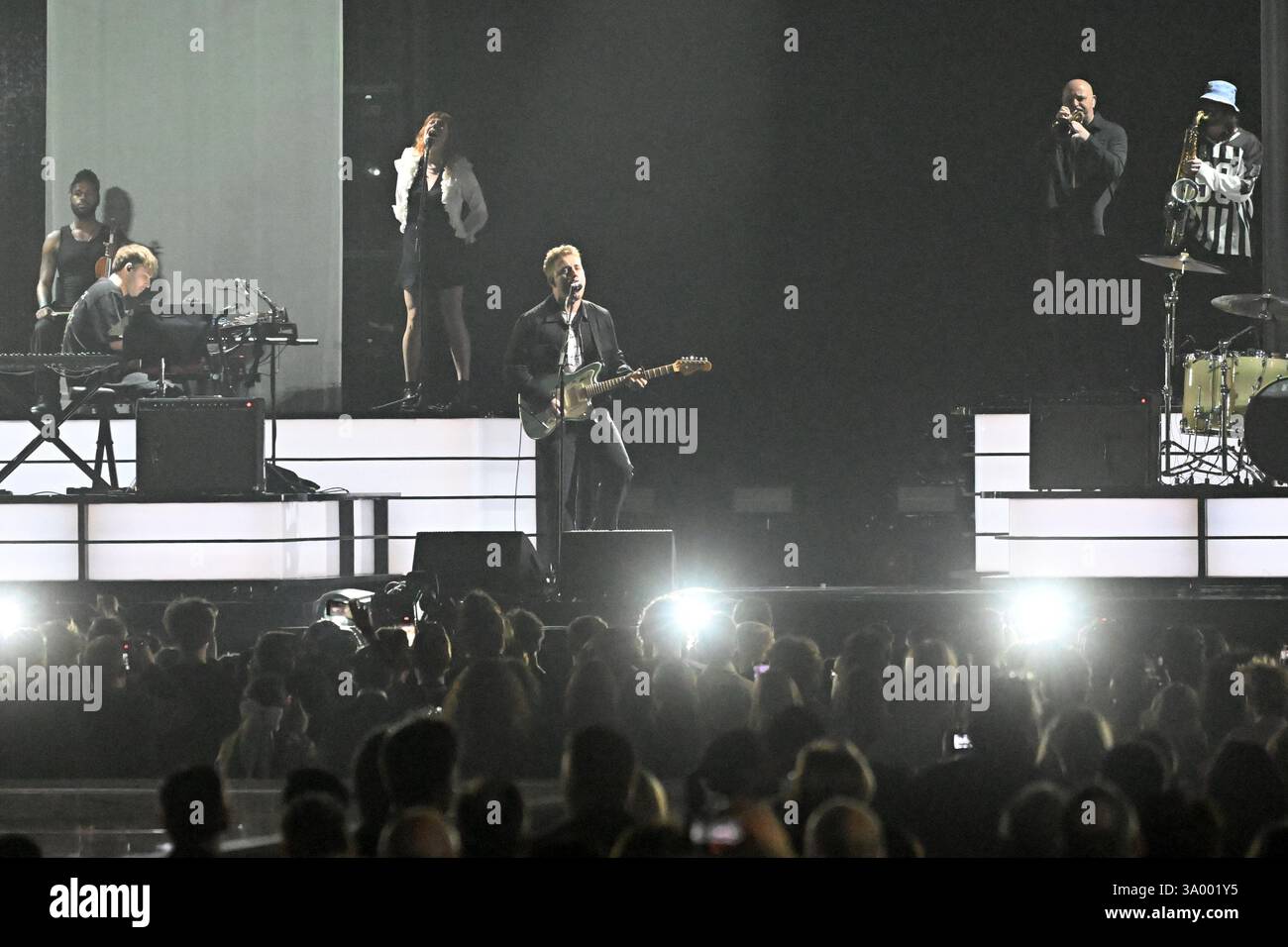 London, UK. 1 March 2025. Sam Fender performing at the BRIT Awards 2025 ...