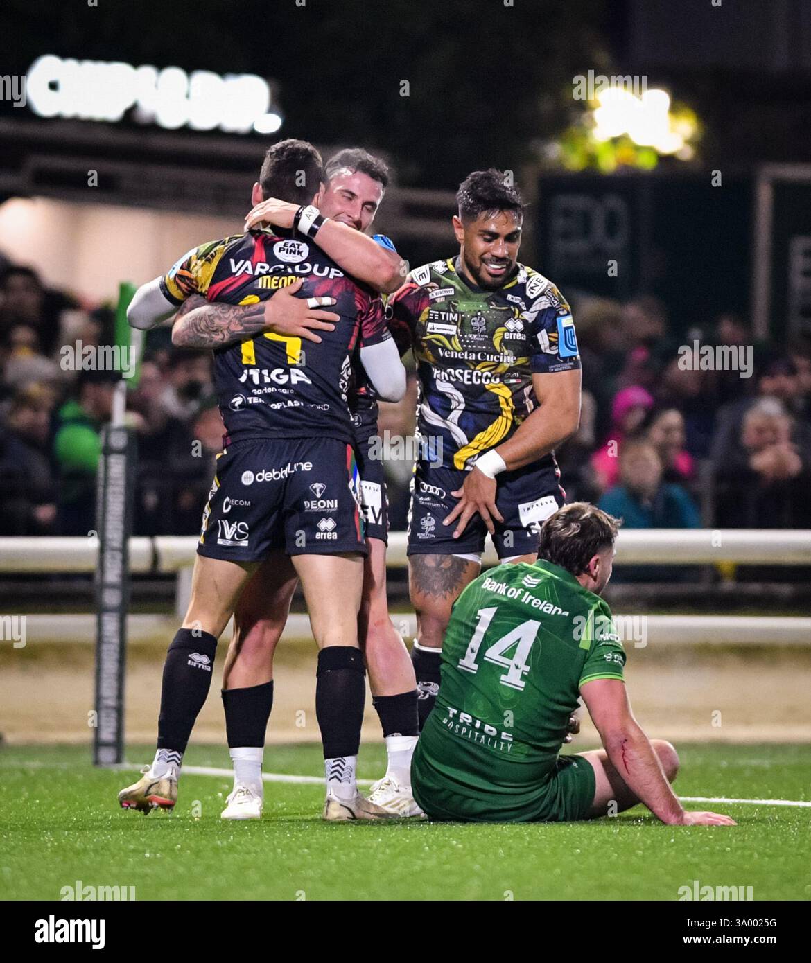 Galway, Ireland. 1st March, 2025. Benetton players celebrate Ignacio ...