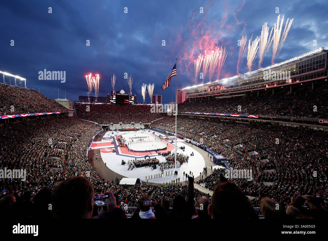 Fireworks are set off before the start of the Stadium Series NHL hockey ...