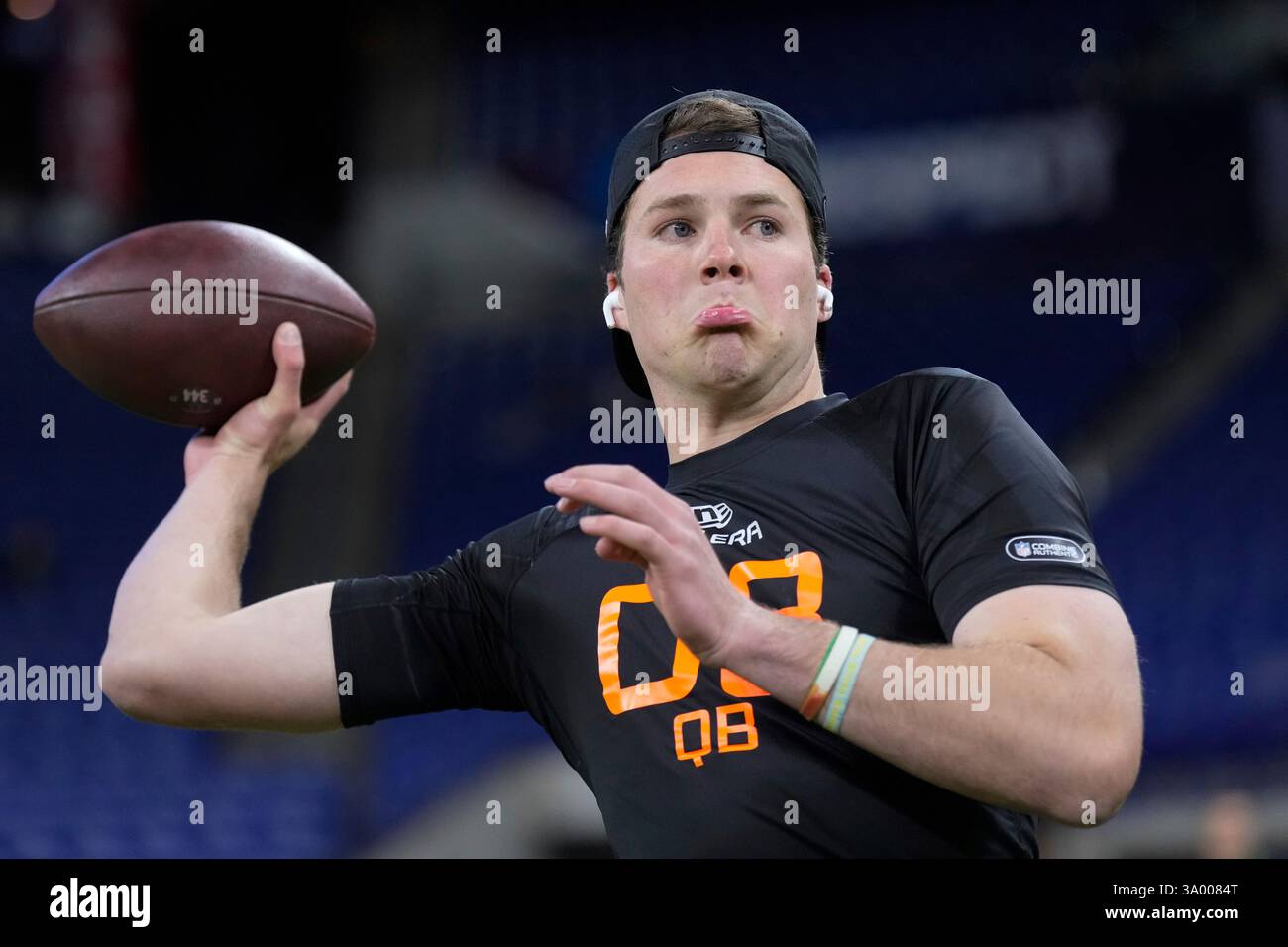 Notre Dame quarterback Riley Leonard runs a drill at the NFL football ...