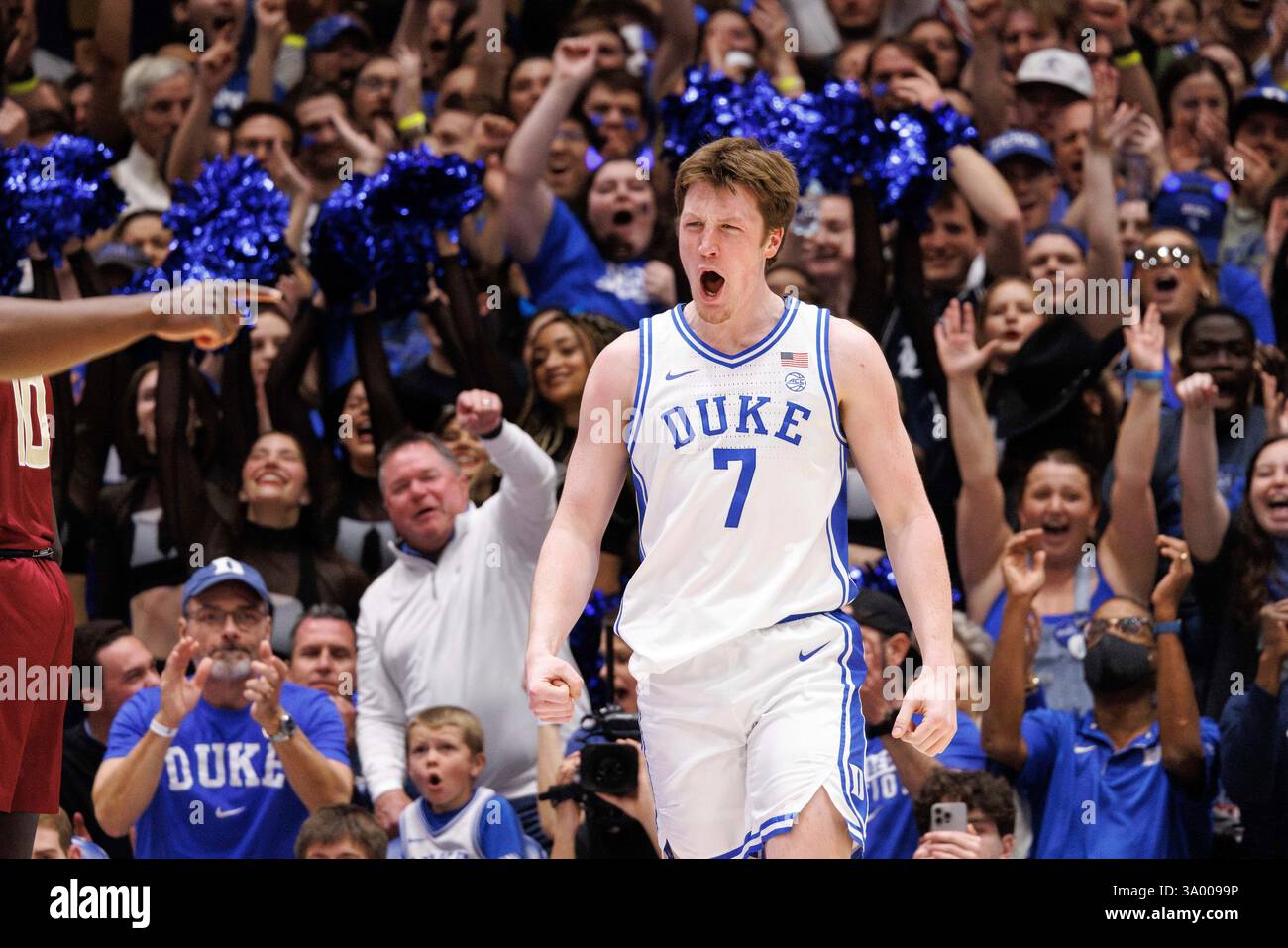 Duke's Kon Knueppel (7) reacts after scoring during the first half of an NCAA college basketball ...