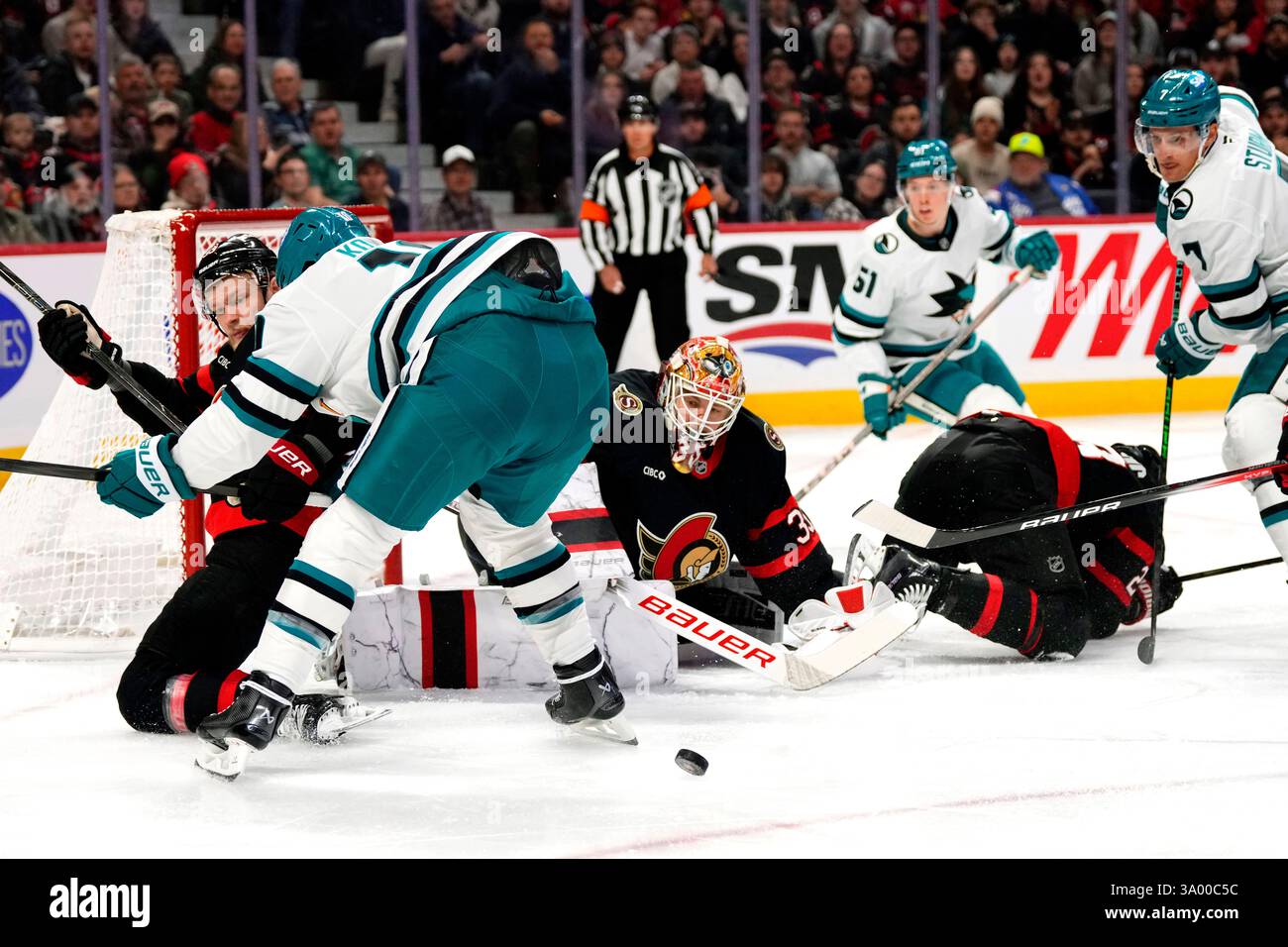 Ottawa Senators goaltender Linus Ullmark (35) watches the puck after a ...