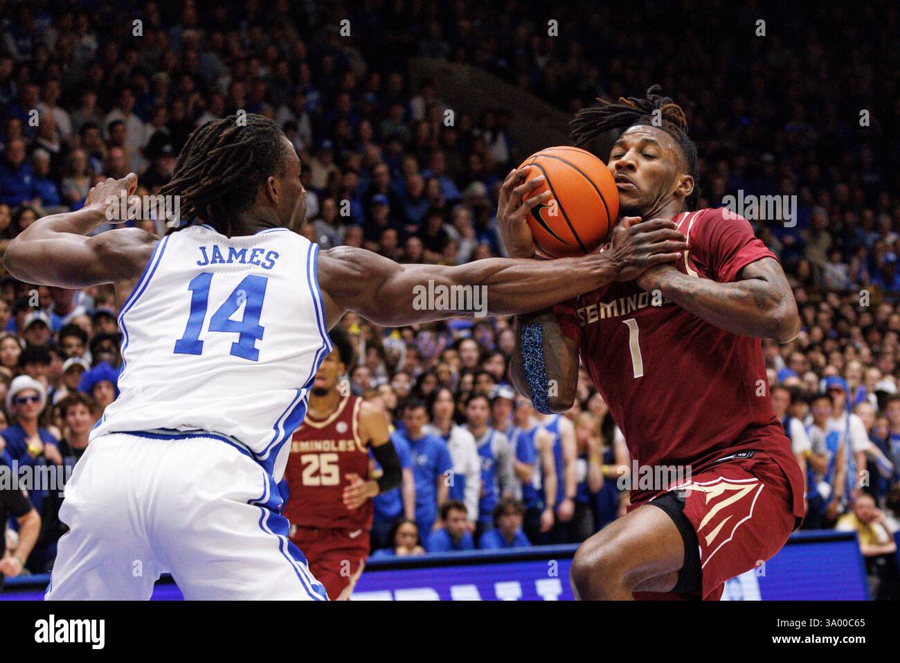 Florida State's Jamir Watkins (1) drives as Duke's Sion James (14 ...