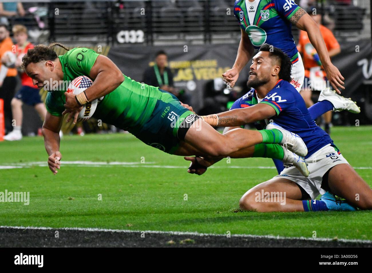 Canberra Raiders Sebastian Kris dives over the line to score a try ...