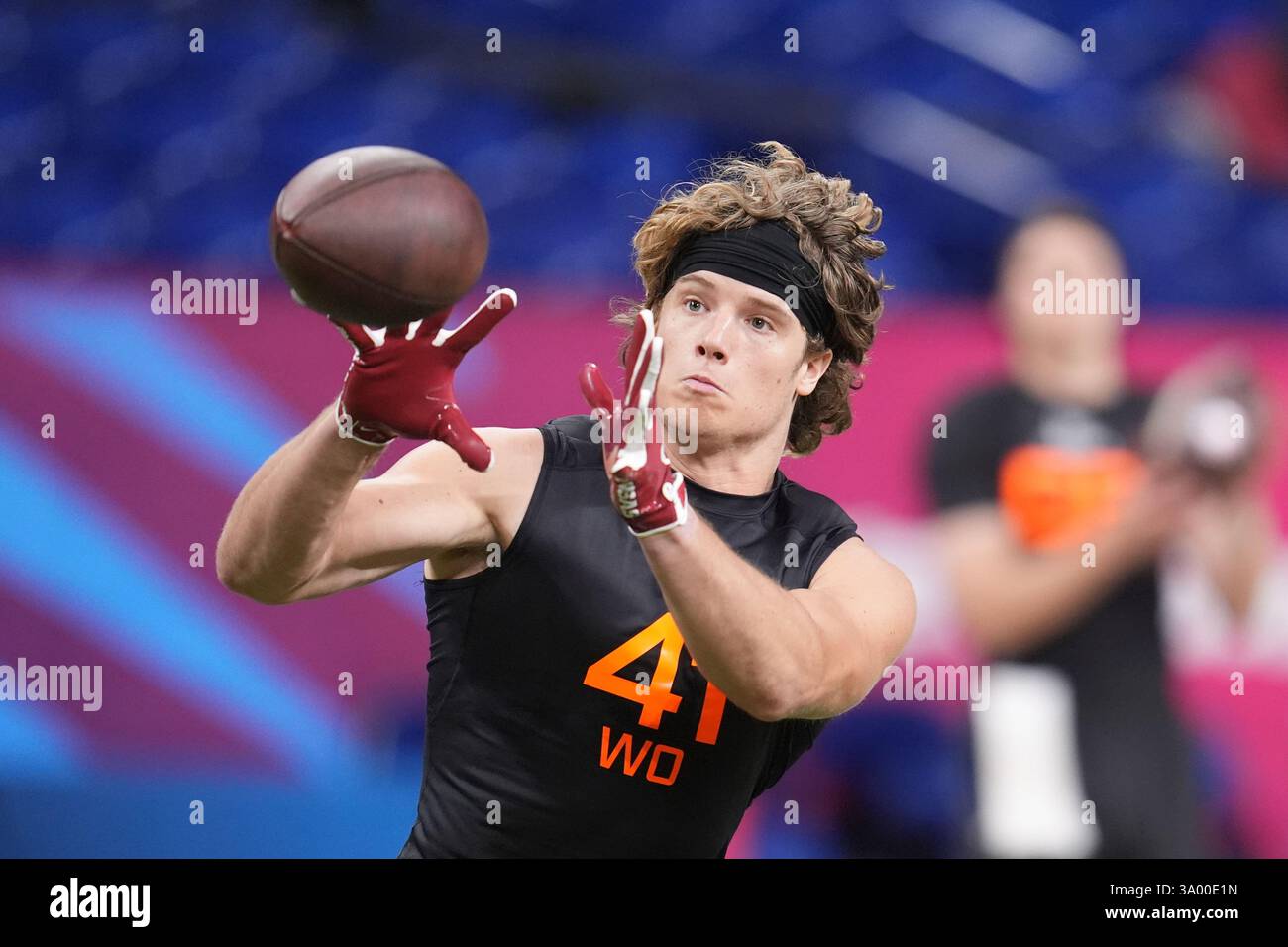 Arkansas wide receiver Isaac TeSlaa runs a drill at the NFL football ...