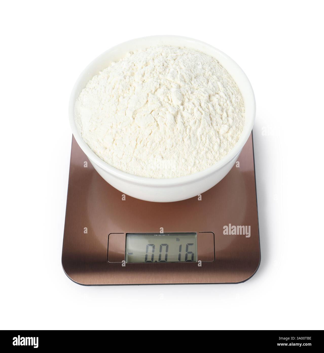 Modern electronic kitchen scale with bowl of flour isolated on white ...