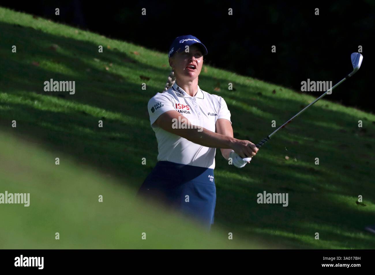 Charley Hull of England plays a shot during the round four of the HSBC ...
