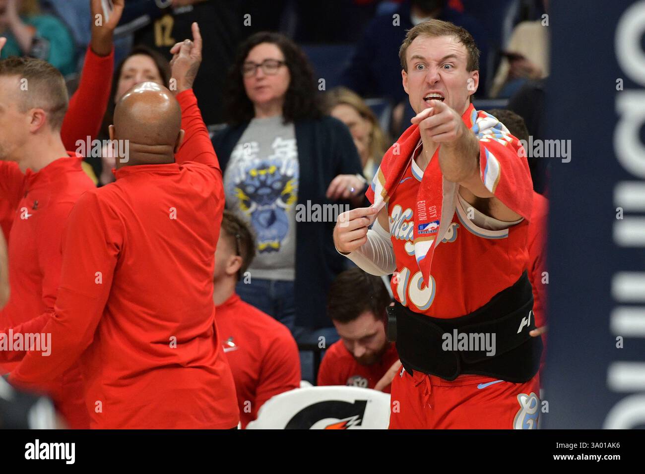 Memphis Grizzlies guard Luke Kennard (10) reacts from the sideline in ...