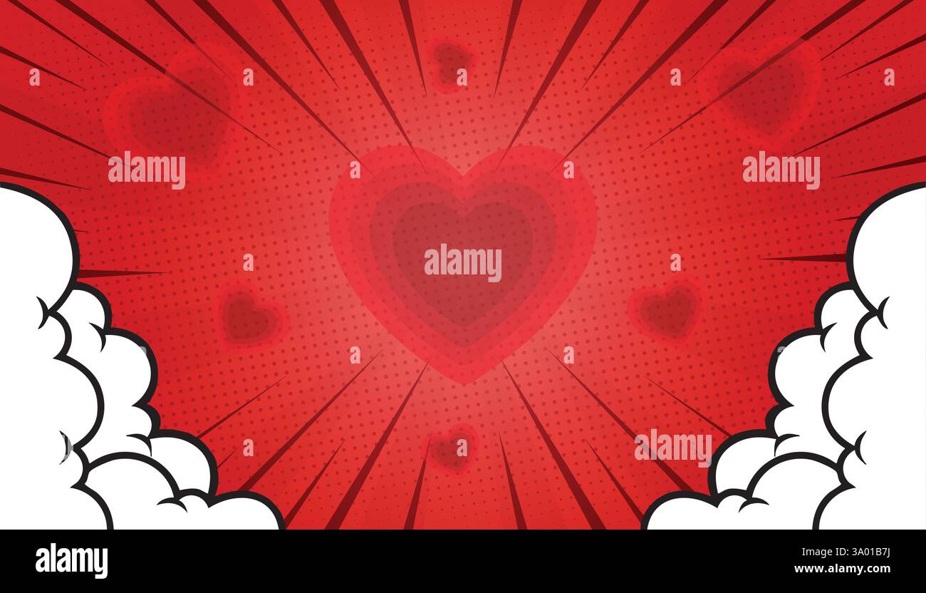 red heart background comic style love clouds rays cartoon pop art ...