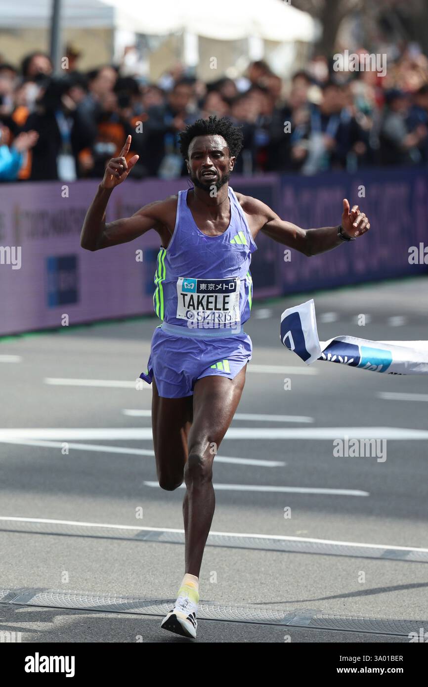 Tadese Takele of Ethiopia crosses the finish line during Tokyo Marathon ...