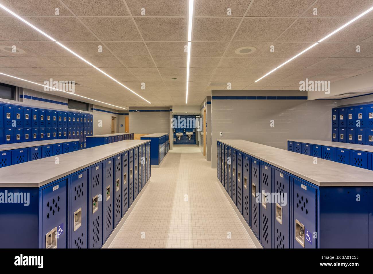 Empty team locker room, changing room, with traditional blue metal ...