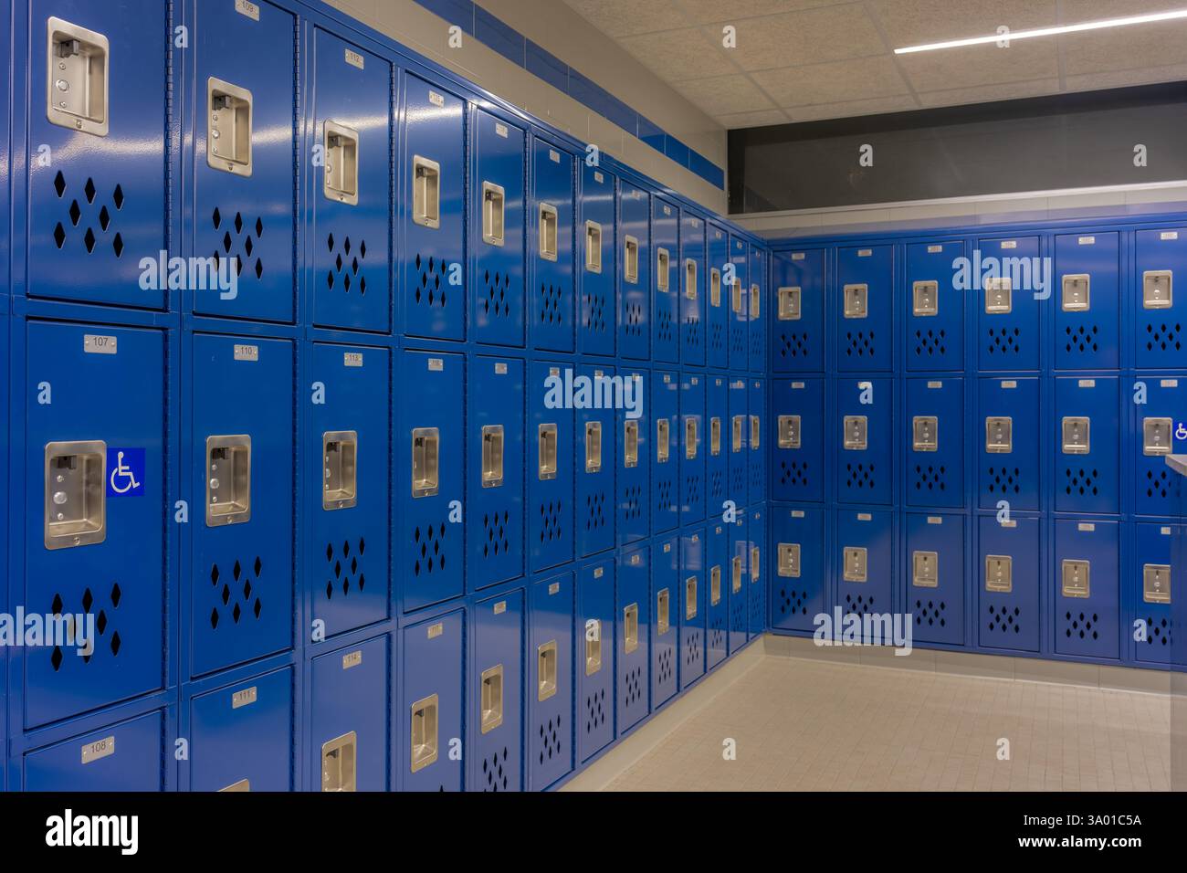 Empty team locker room, changing room, with traditional blue metal ...