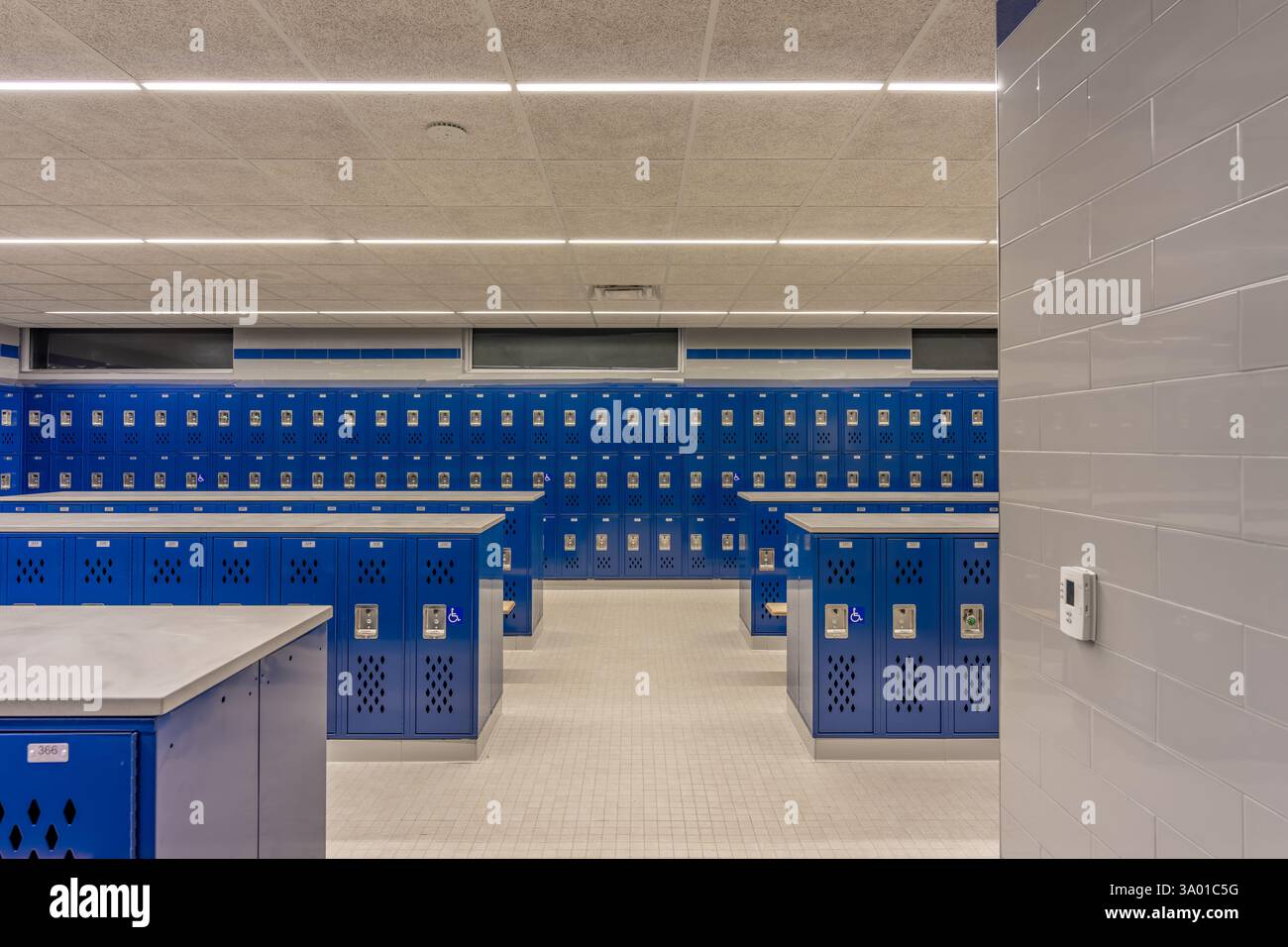 Empty team locker room, changing room, with traditional blue metal ...