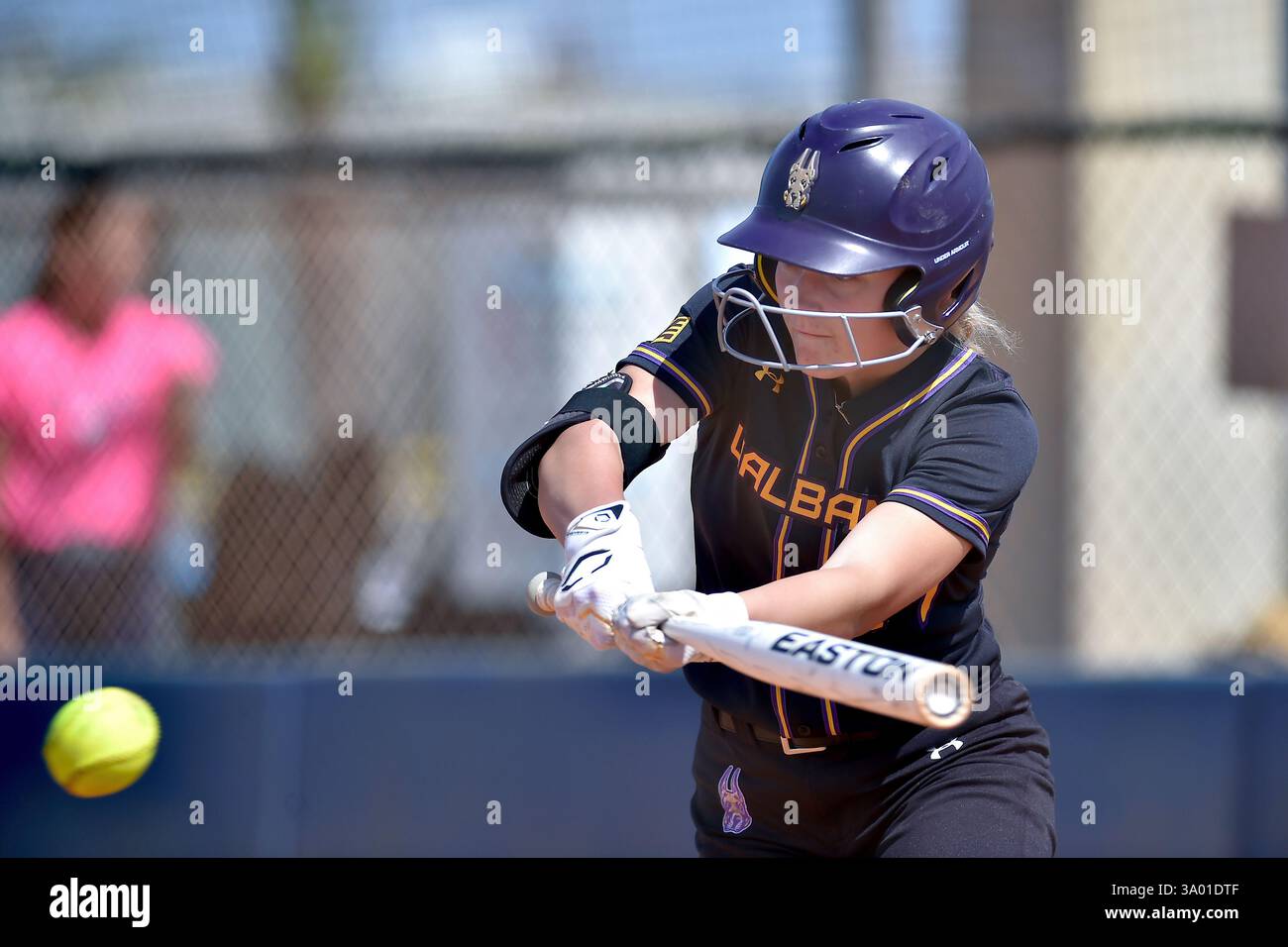 University at Albany's Christie Collins (27) drops down a bunt during ...