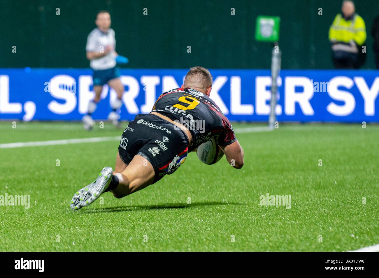 Andy Uren of Benetton scores a try during the United Rugby Championship ...
