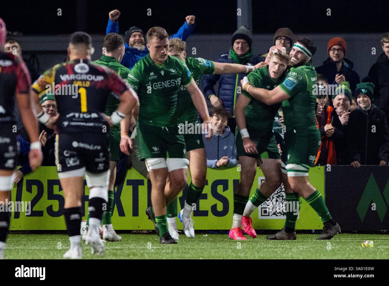 Finn Treacy of Connacht scores a try during the United Rugby ...