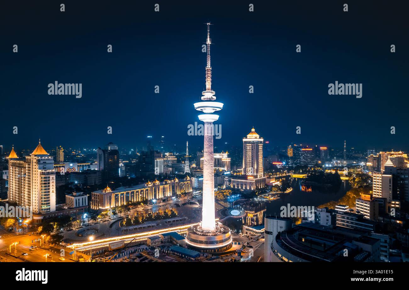 City Night View of Nantong TV Tower, Jiangsu Province, China Stock ...