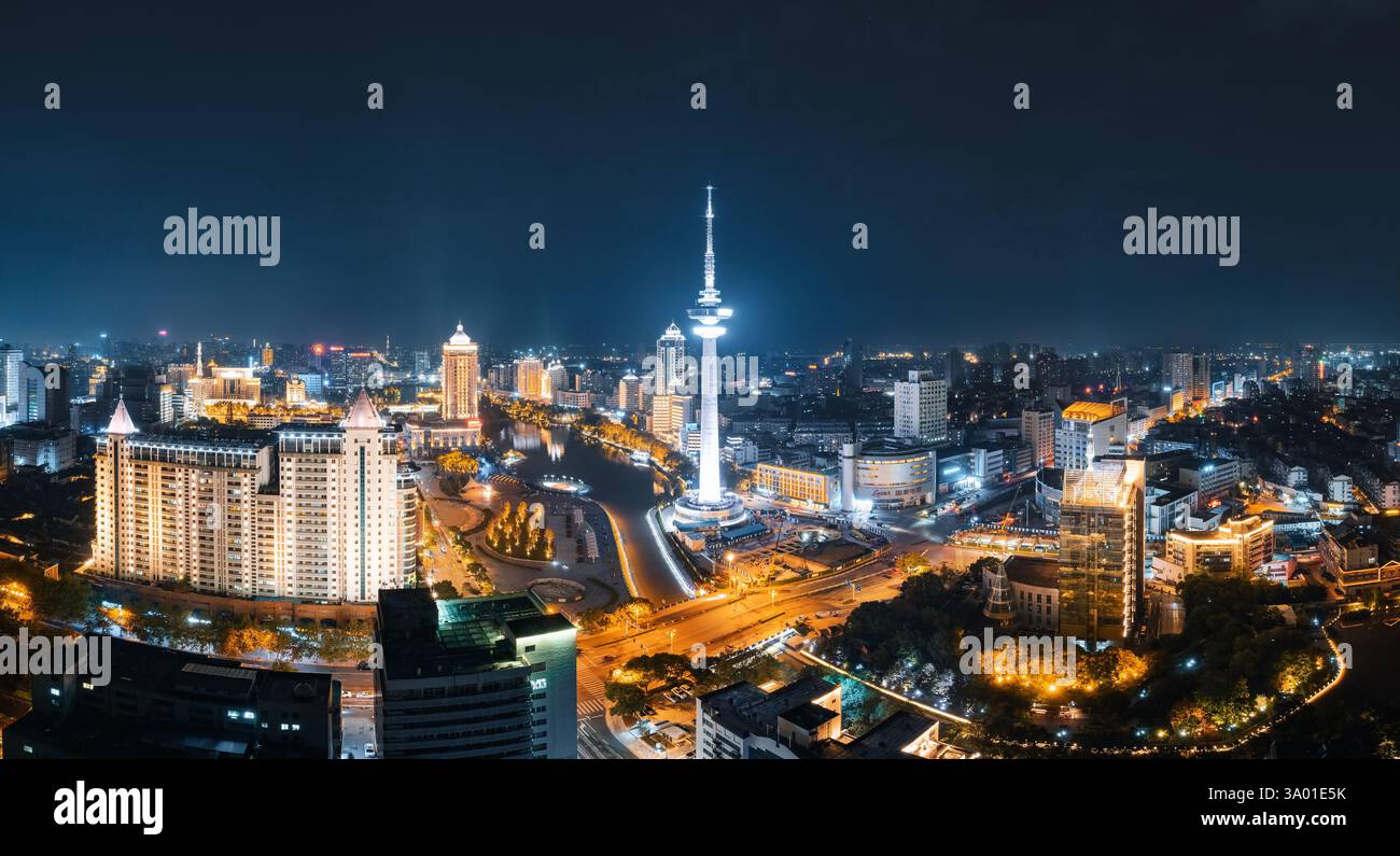 City Night View of Nantong TV Tower, Jiangsu Province, China Stock ...