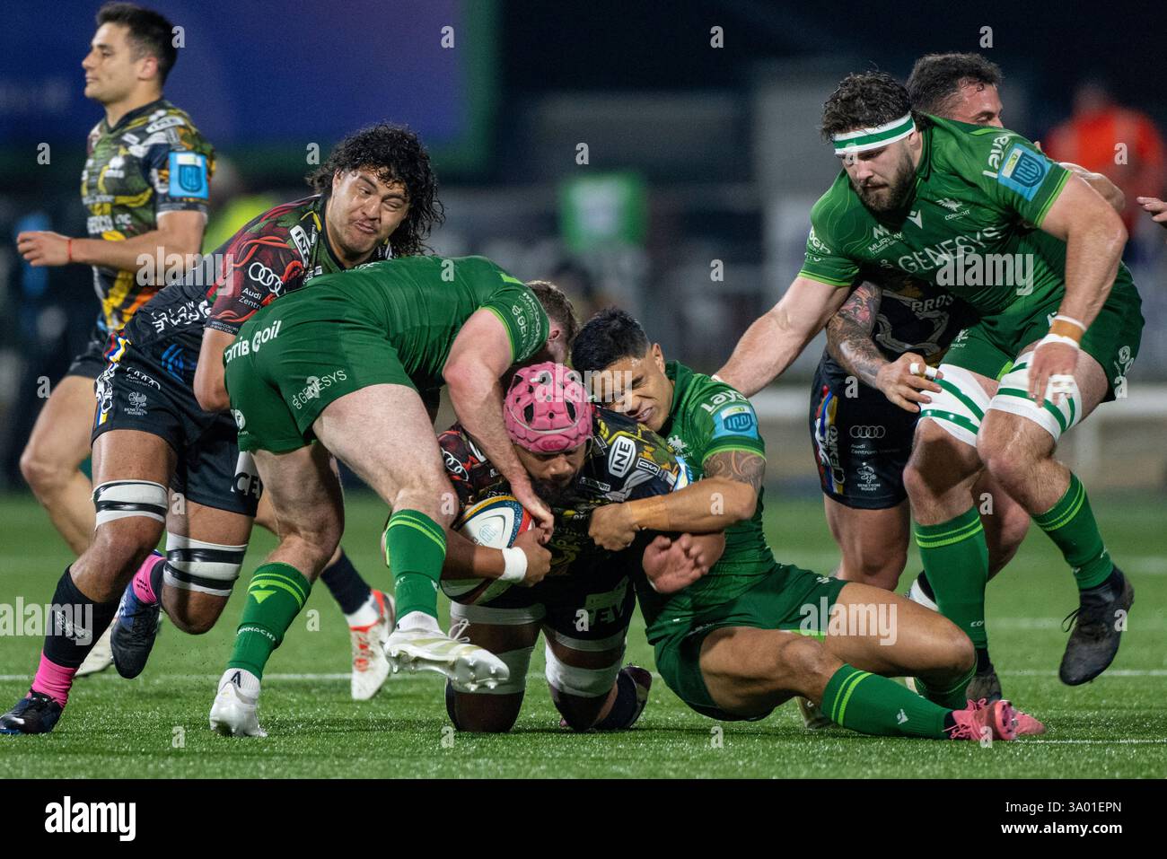Galway, Ireland. 02nd Mar, 2025. Toa Halafihi of Benetton tackled by ...