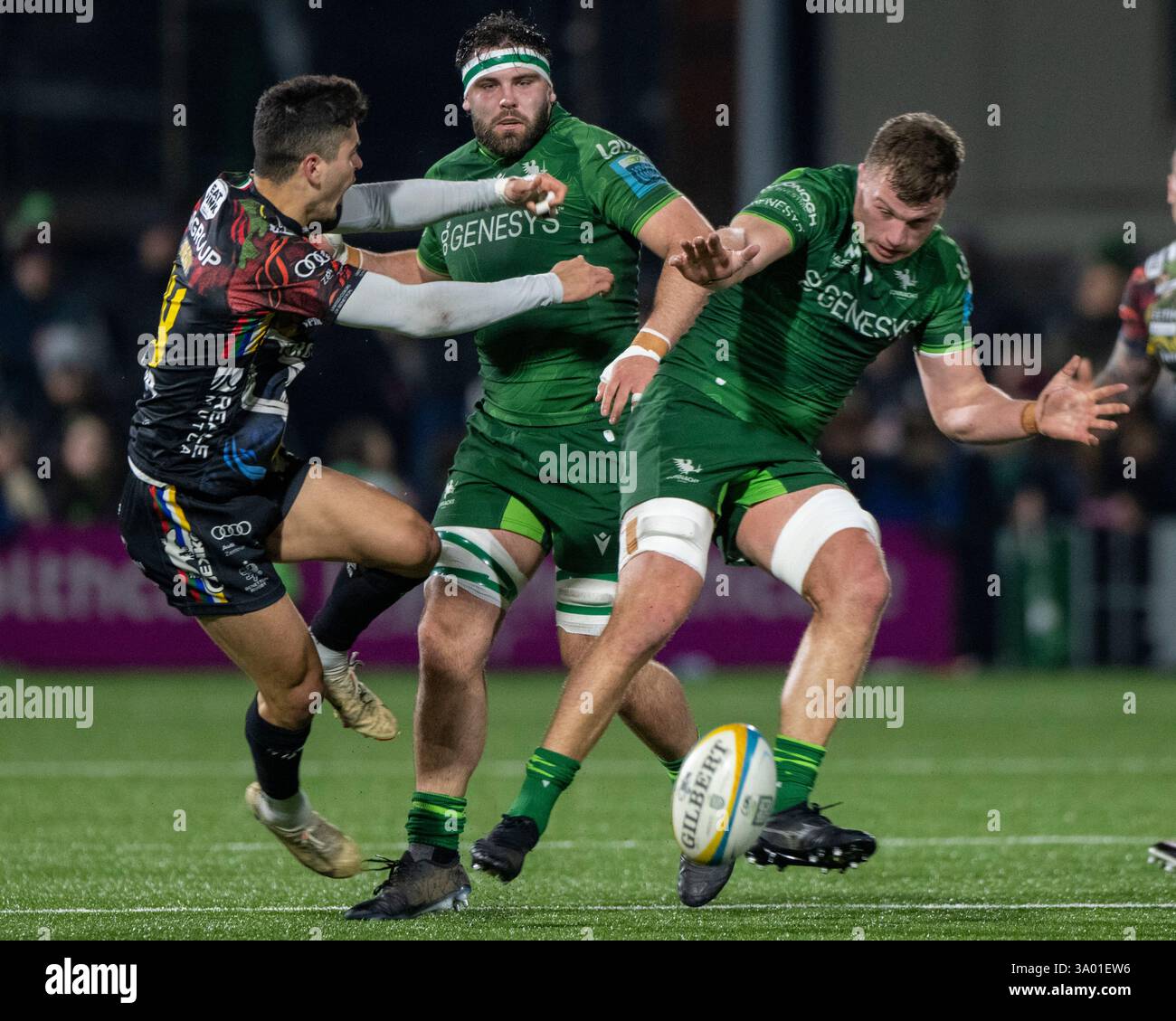 Galway, Ireland. 02nd Mar, 2025. Ignacio Mendy of Benetton fights for ...