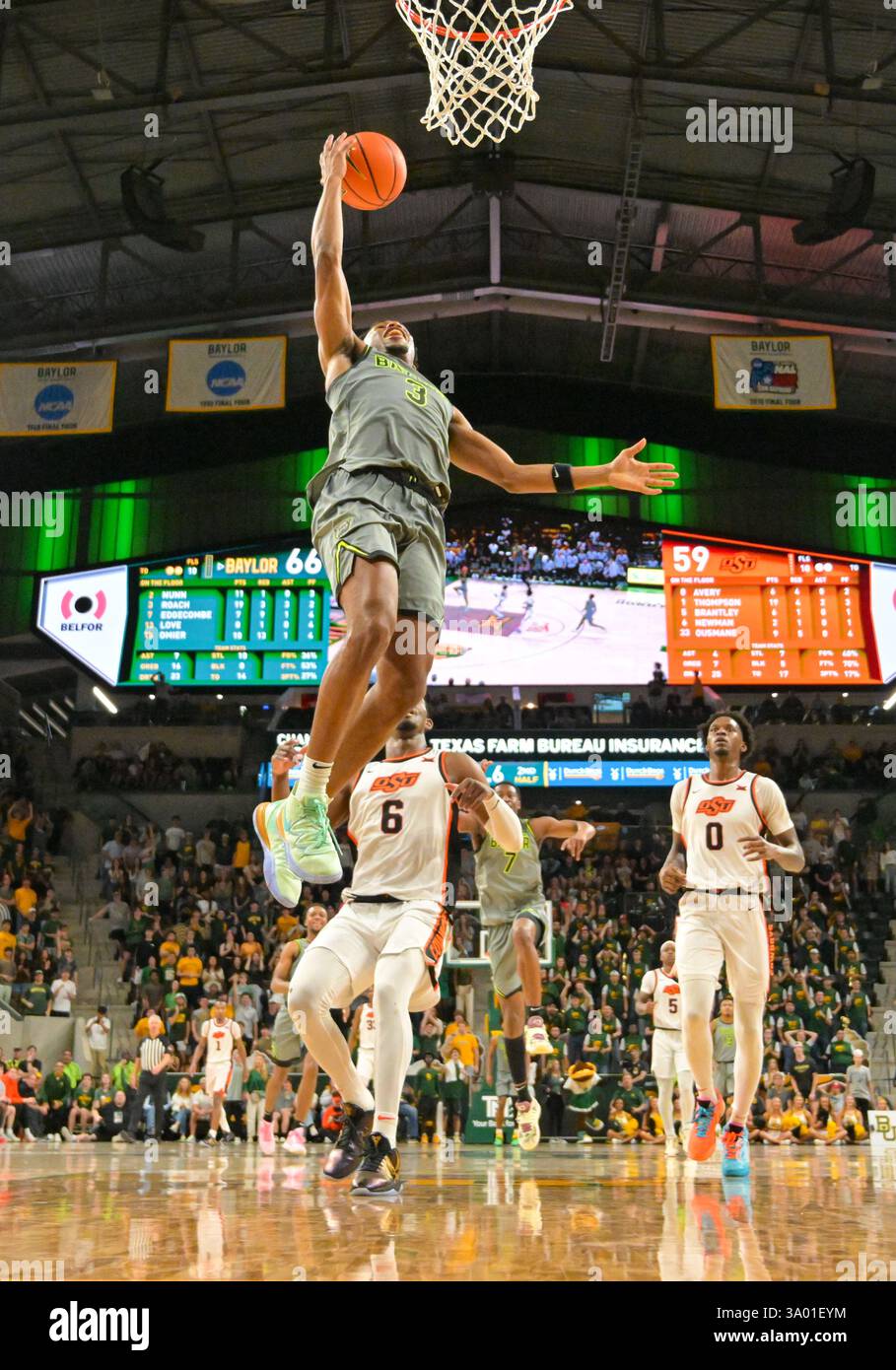 Waco, Texas, USA. 1st Mar, 2025. Baylor Bears guard Jeremy Roach (3) shoot a layup during the ...