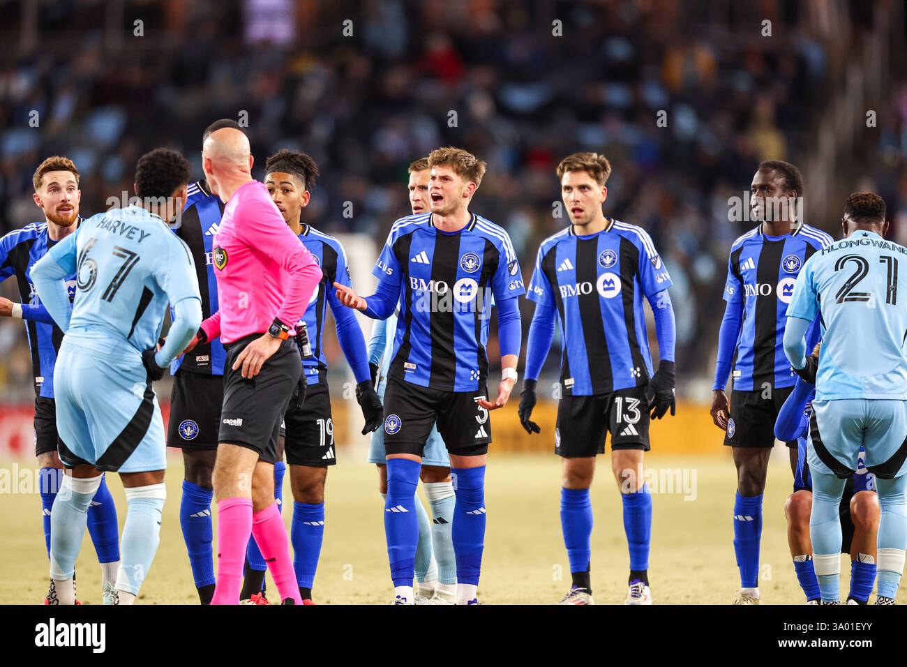 March 1st, 2025: CF MontrÃ©al defender Tom Pearce (3) reacts to a call ...