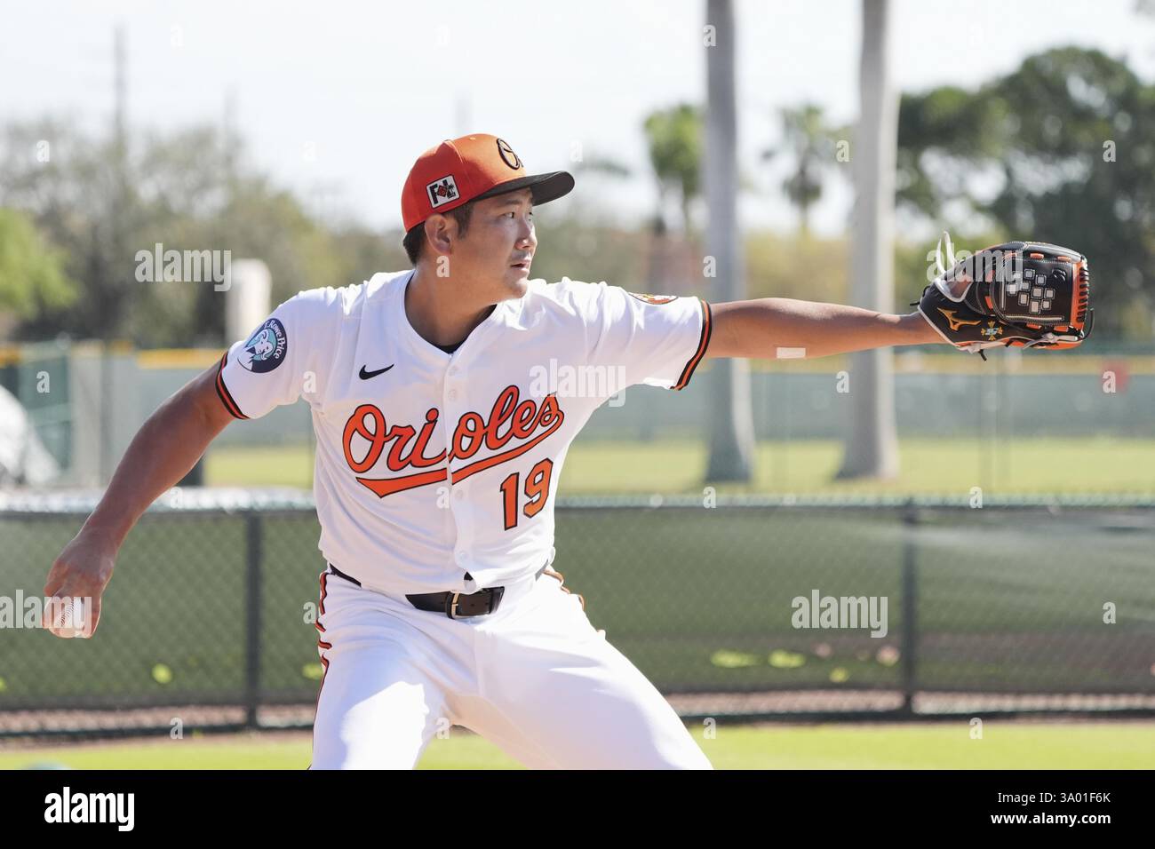 Baltimore Orioles pitcher Tomoyuki Sugano throws a bullpen session ...
