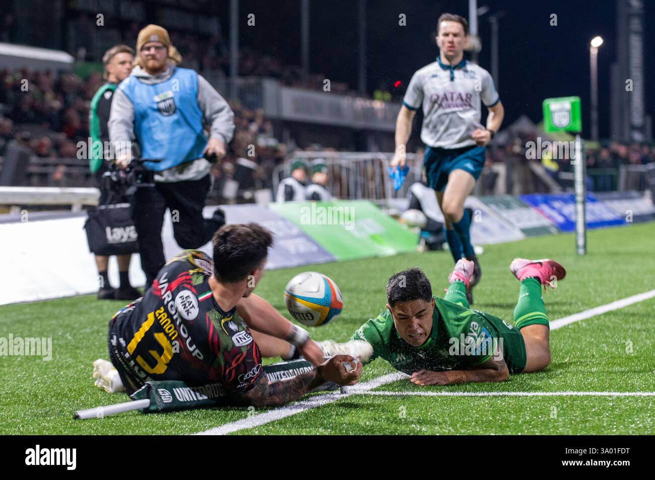 Galway, Ireland. 02nd Mar, 2025. Marco Zanon of Benetton scores a try ...