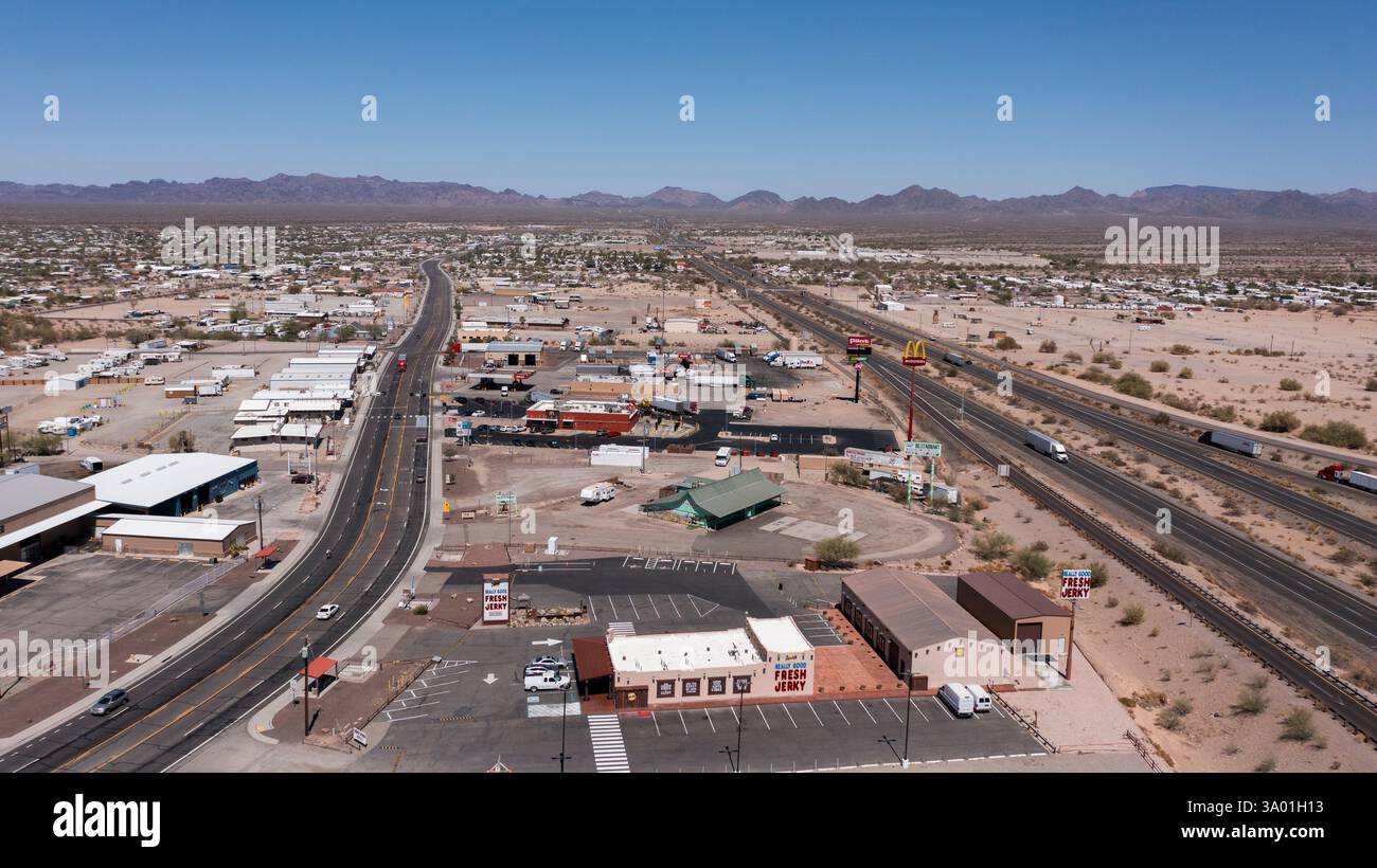 Quartzsite, Arizona, USA - June 1, 2022: Aerial view of a road going ...