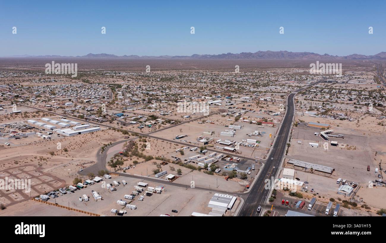 Quartzsite, Arizona, USA - June 1, 2022: Aerial view of a road going ...
