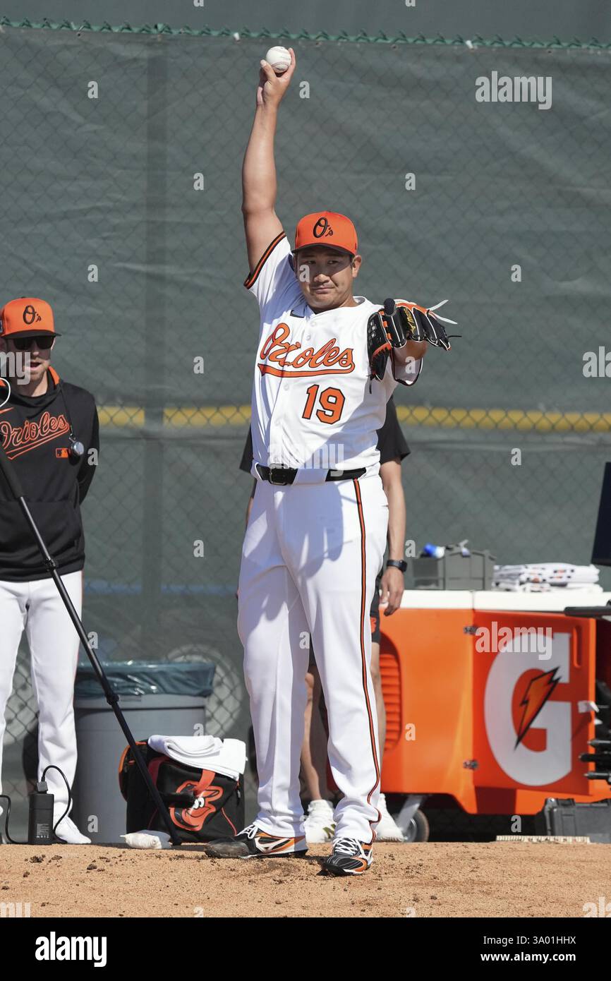 Baltimore Orioles pitcher Tomoyuki Sugano throws a bullpen session ...