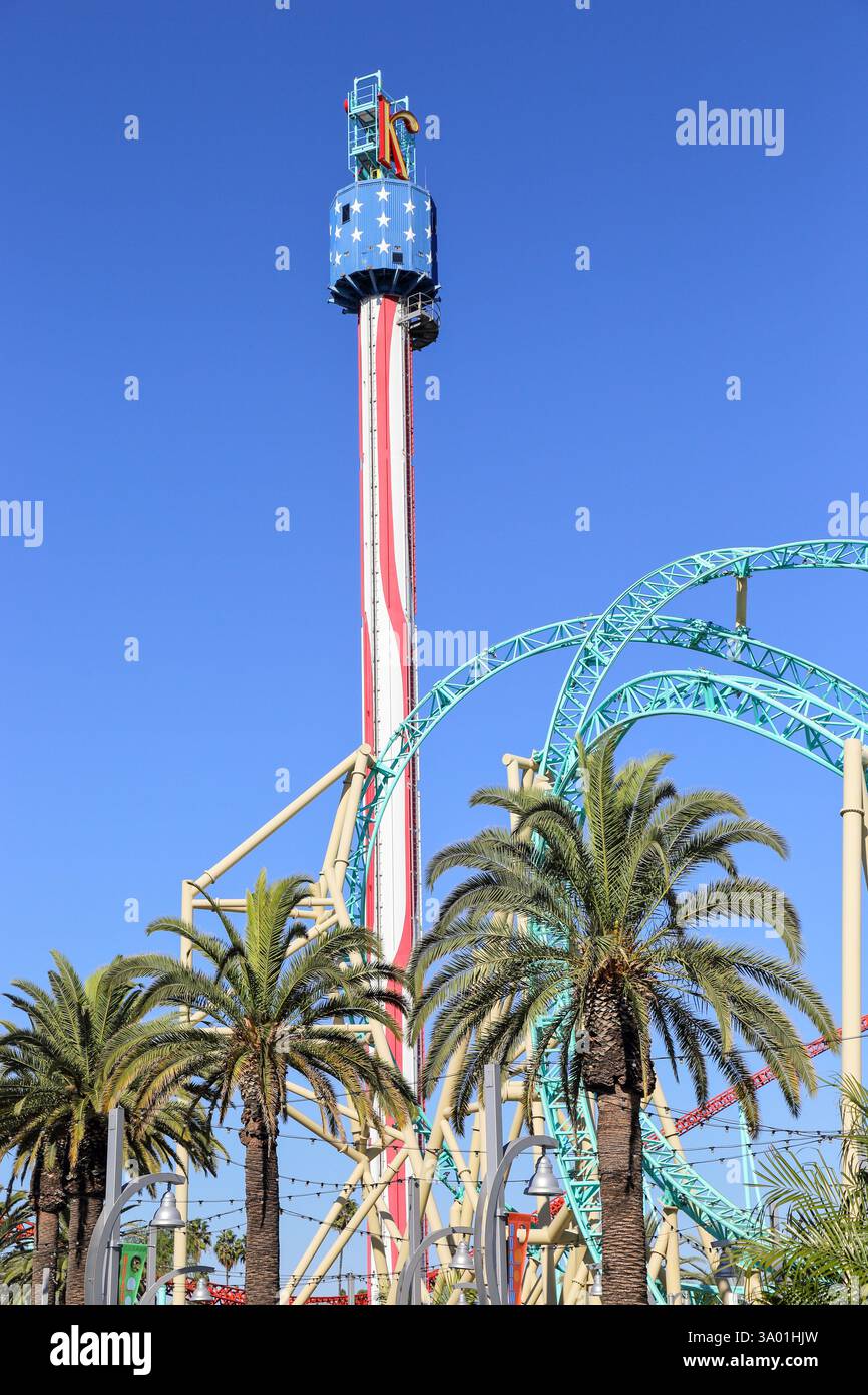 View of Knott's Berry Farm and its rides with Sky Cabin in the middle ...
