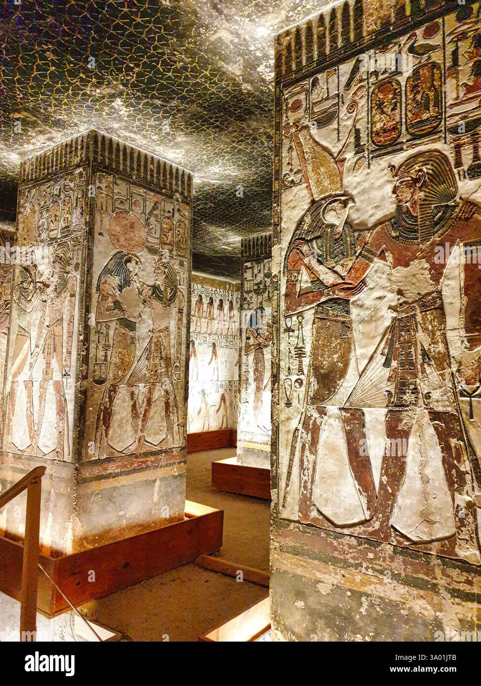 Painted reliefs of Seti I with Horus on the pillared columns in Chamber ...