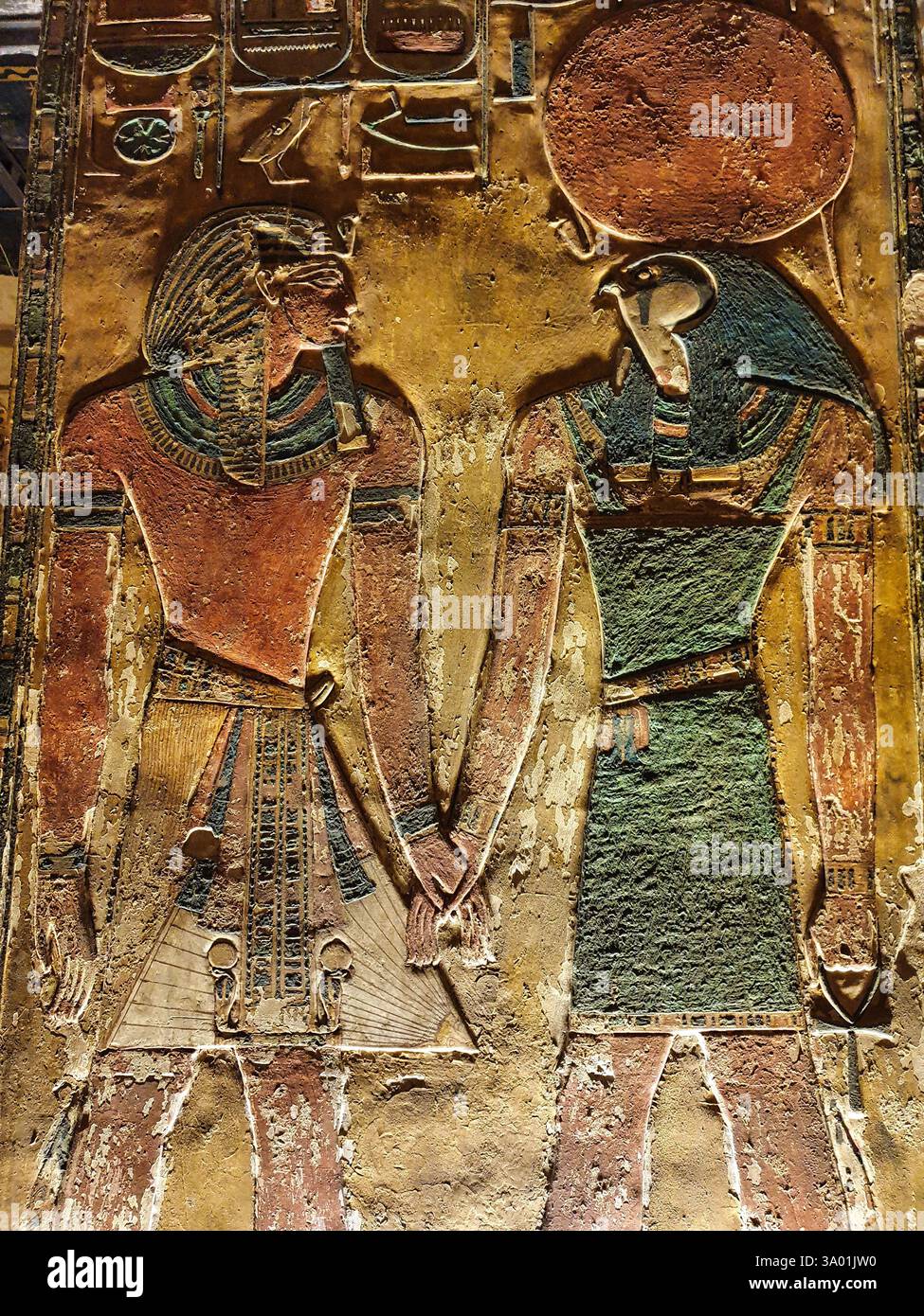 Painted wall relief in Burial chamber J showing Pharoah Seti I before ...