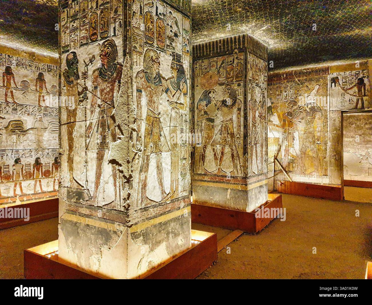 Painted reliefs of Seti I with Ptah,Horus,divine beings on the pillared ...