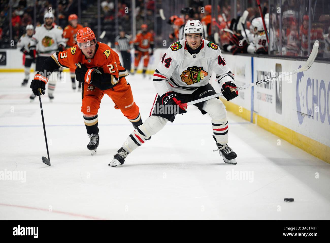 Chicago Blackhawks defenseman Wyatt Kaiser (44) and Anaheim Ducks ...