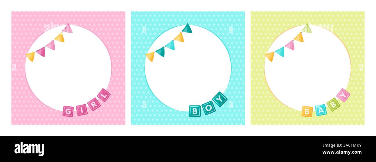 Cute baby shower frames with colorful bunting, polka dots, and alphabet ...