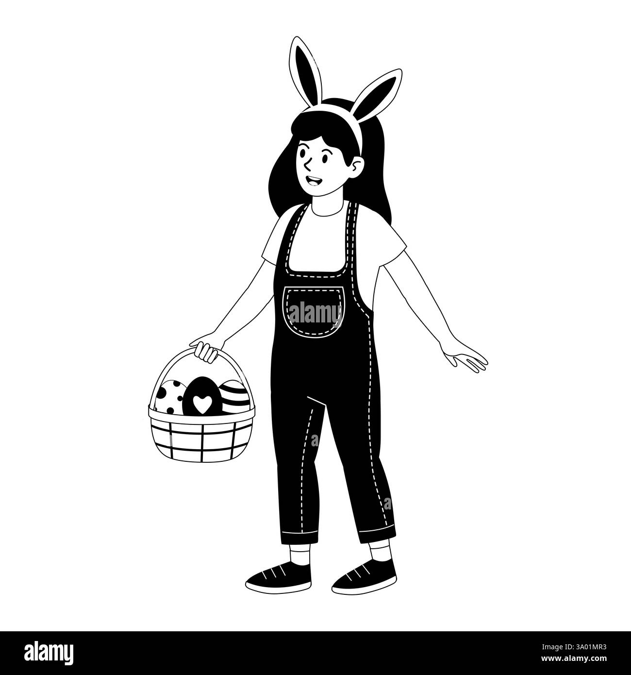 A cheerful child dressed in overalls and bunny ears joyfully carries a ...