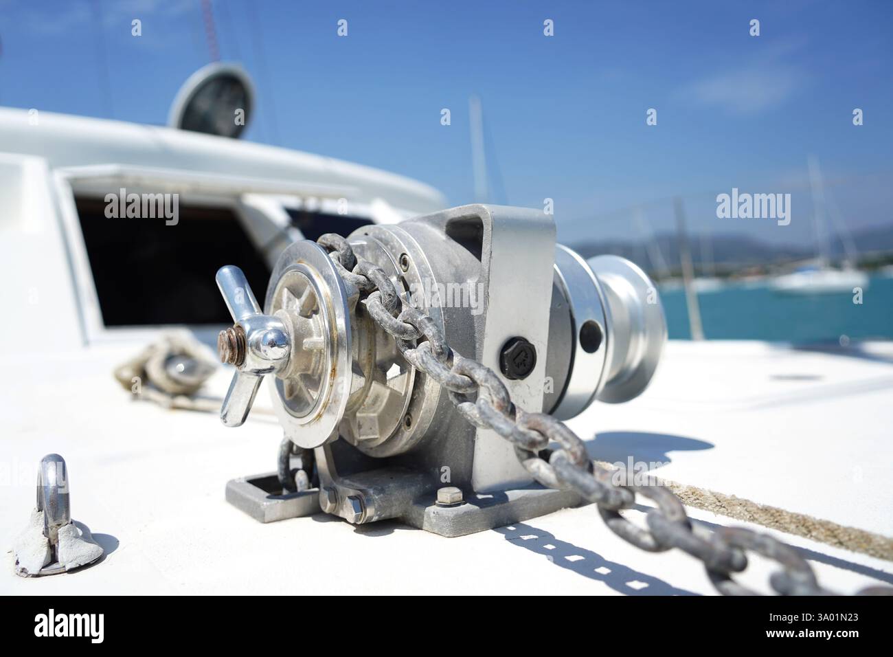 Anchor winch with sturdy chain on a voyage boat, ensuring stability and ...