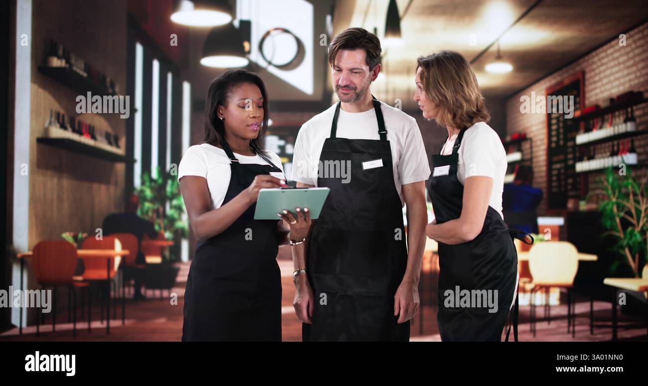 Busy Coffee Shop Owner Smiling as Meeting with Diverse Team Stock Photo ...