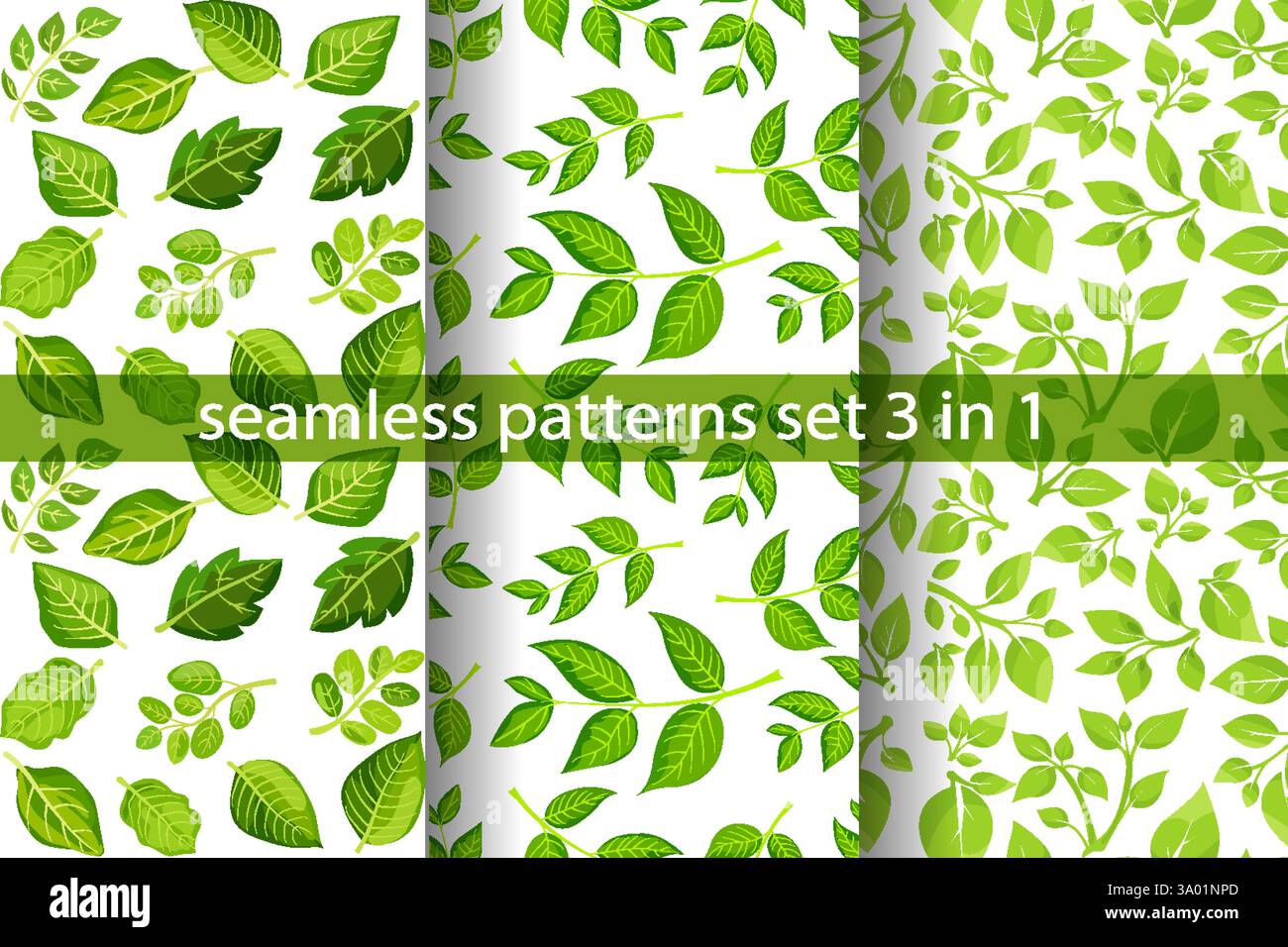 Seamless vector patterns featuring various green leaves in a fresh ...